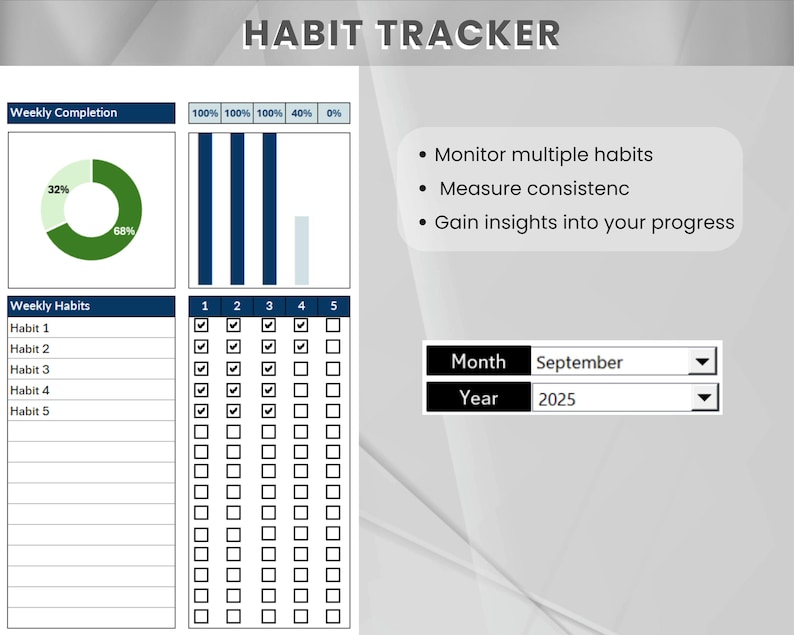 Habit Tracker Spreadsheet | Checkbox & Dropdown List Excel Template ...