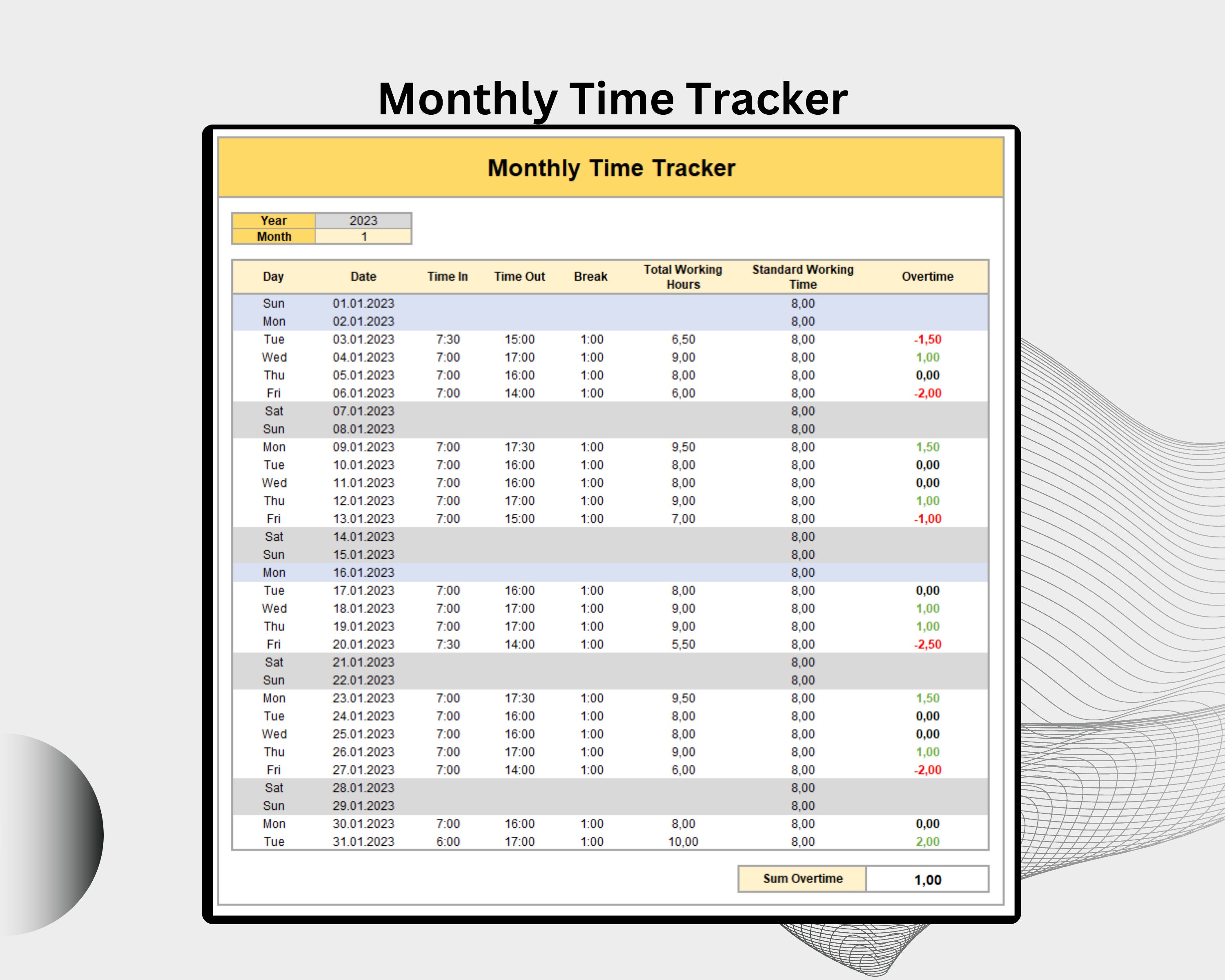 Monthly Employee Time Tracker | Time Sheet | Working Hours | Vacation ...