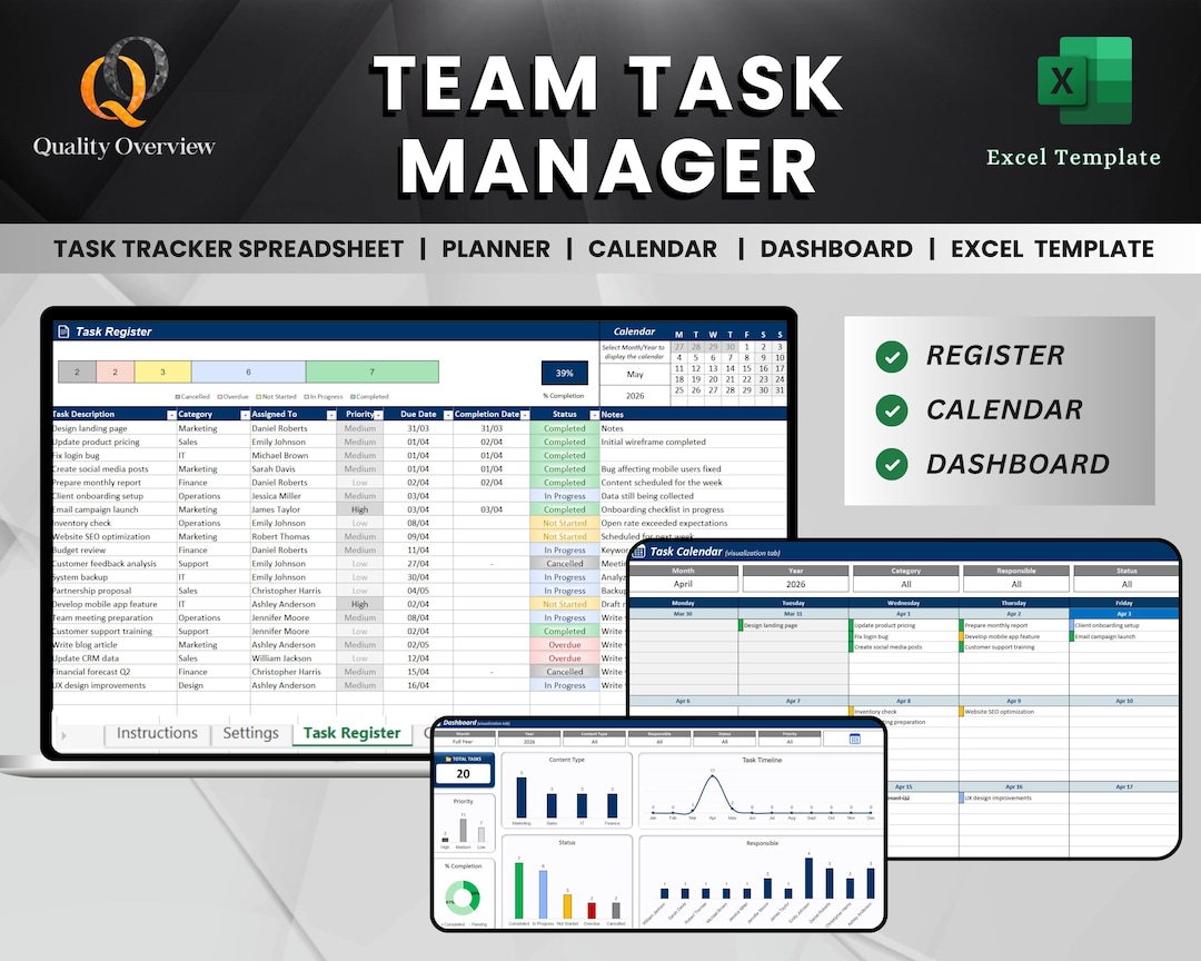 Team Task Manager | Task Tracker Spreadsheet | Team Workflow Planner ...