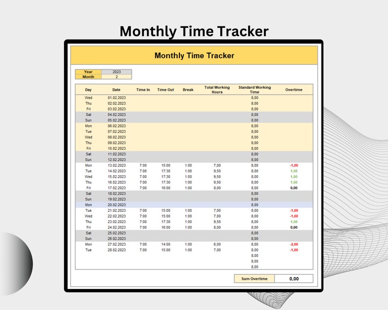 Monthly Employee Time Tracker | Timesheet | Working Hours | Vacation ...