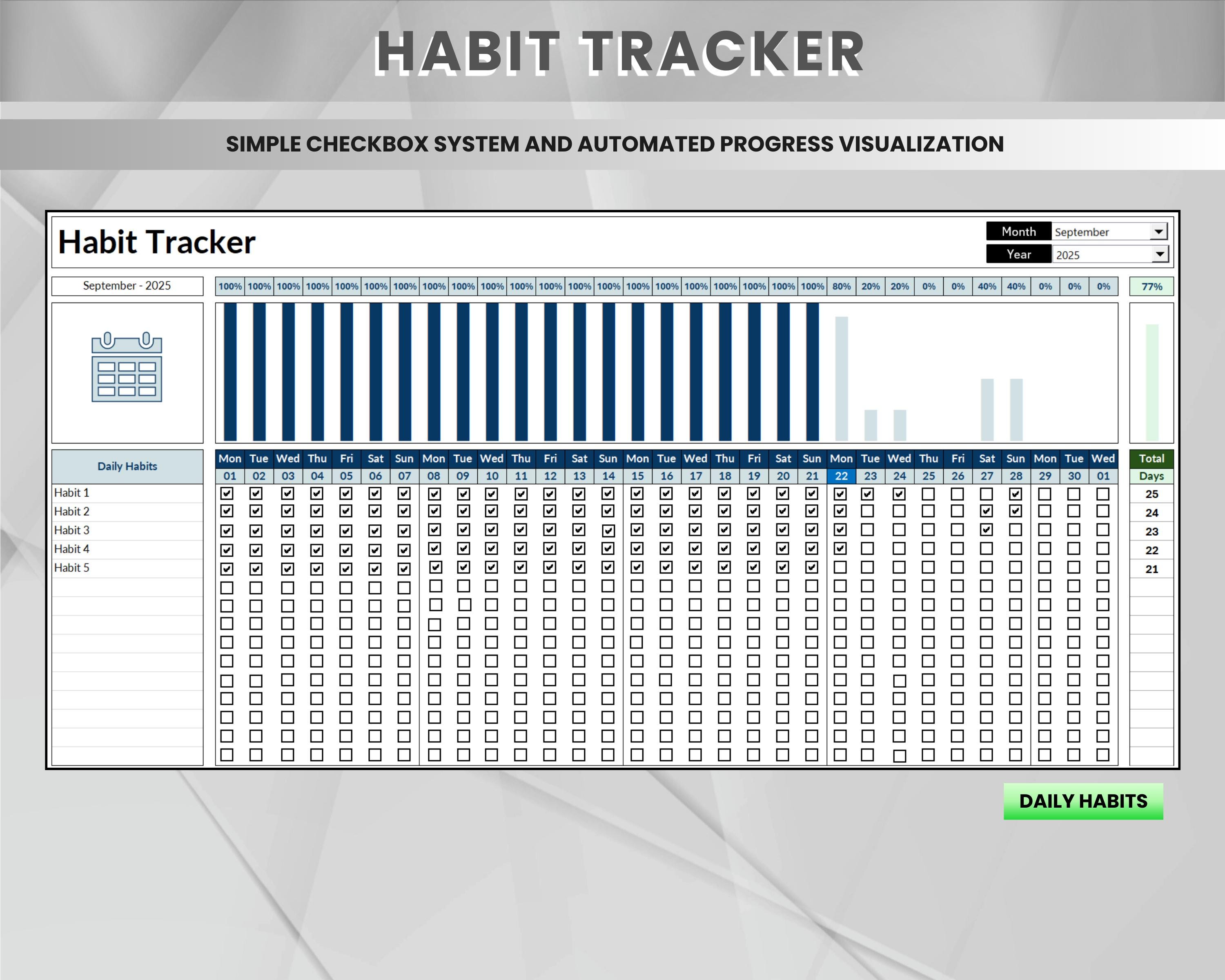 Habit Tracker Spreadsheet | Checkbox & Dropdown List Excel Template ...
