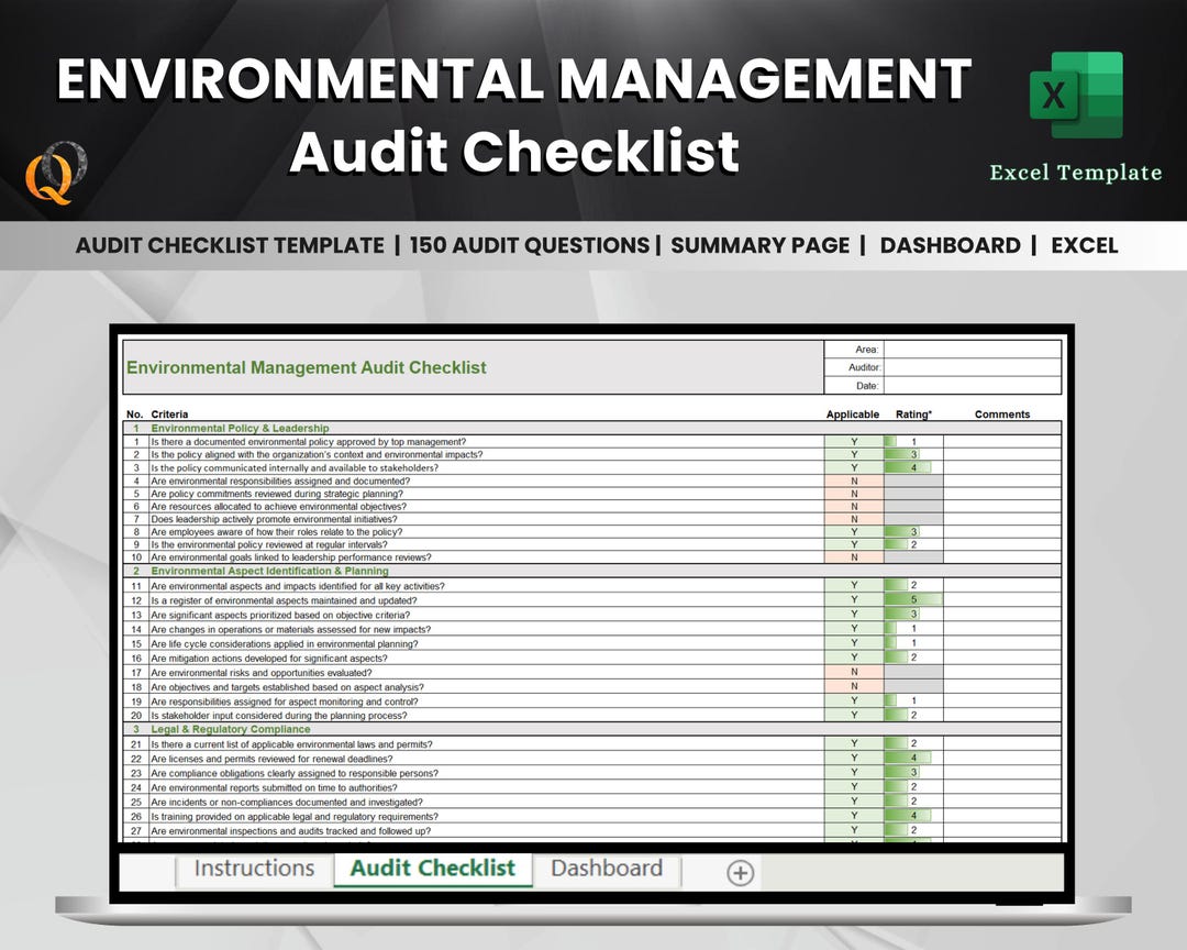 Environmental Management Audit Checklist – ISO 14001 Compliance Excel ...