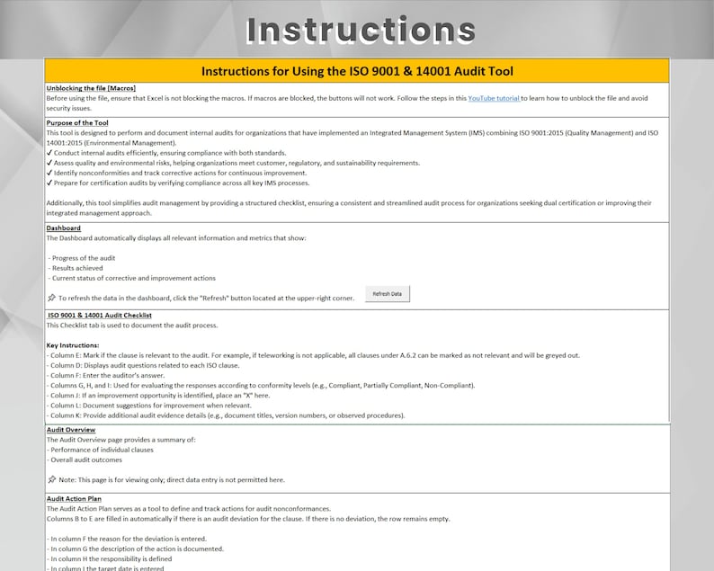 ISO 9001 & 14001 Integrated Audit Checklist and Dashboard – Excel ...