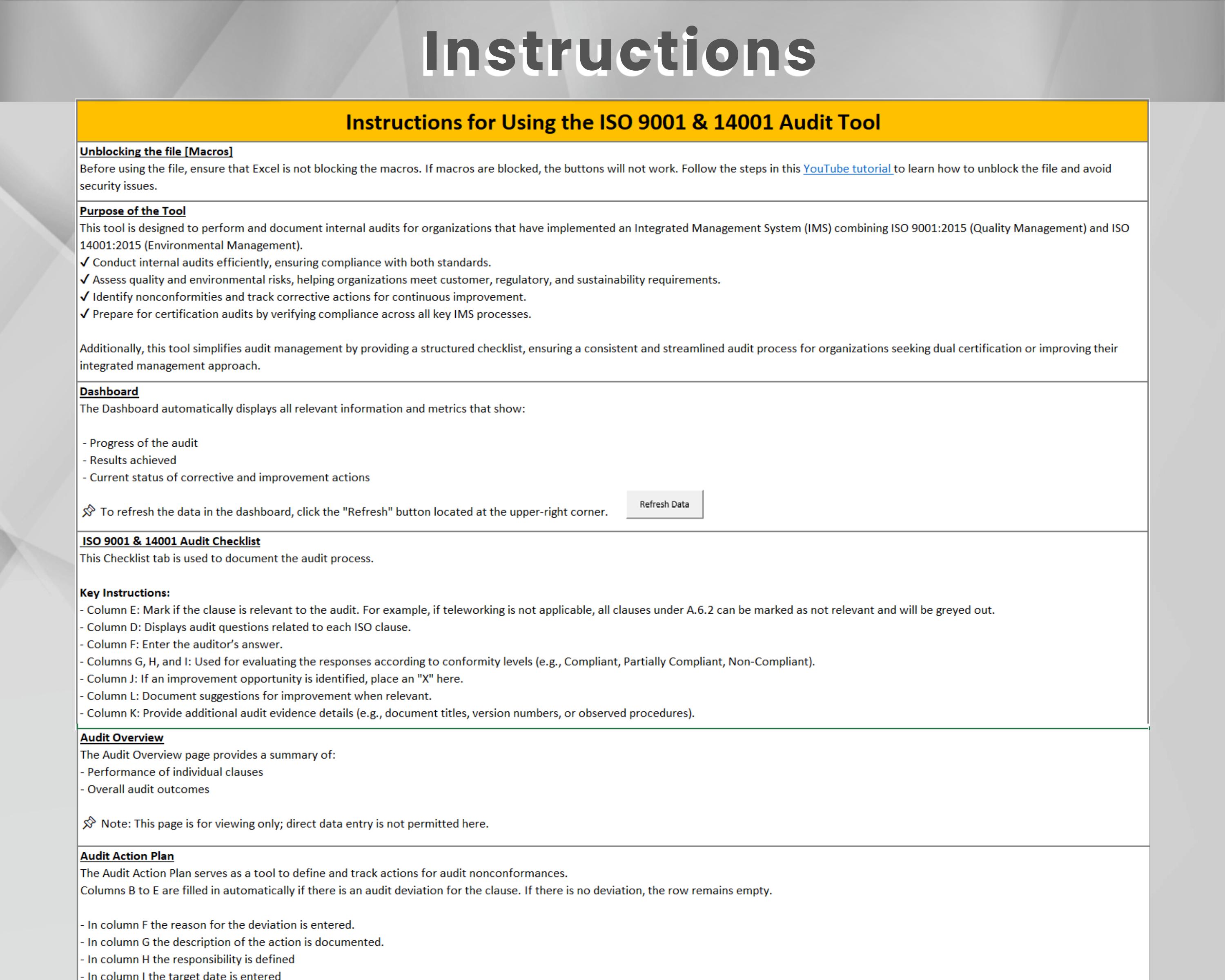 ISO 9001 & 14001 Integrated Audit Checklist and Dashboard – Excel ...