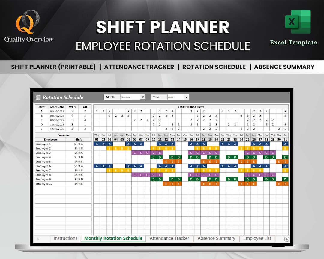 Shift Planner Excel Template | Employee Schedule Tracker | Work ...