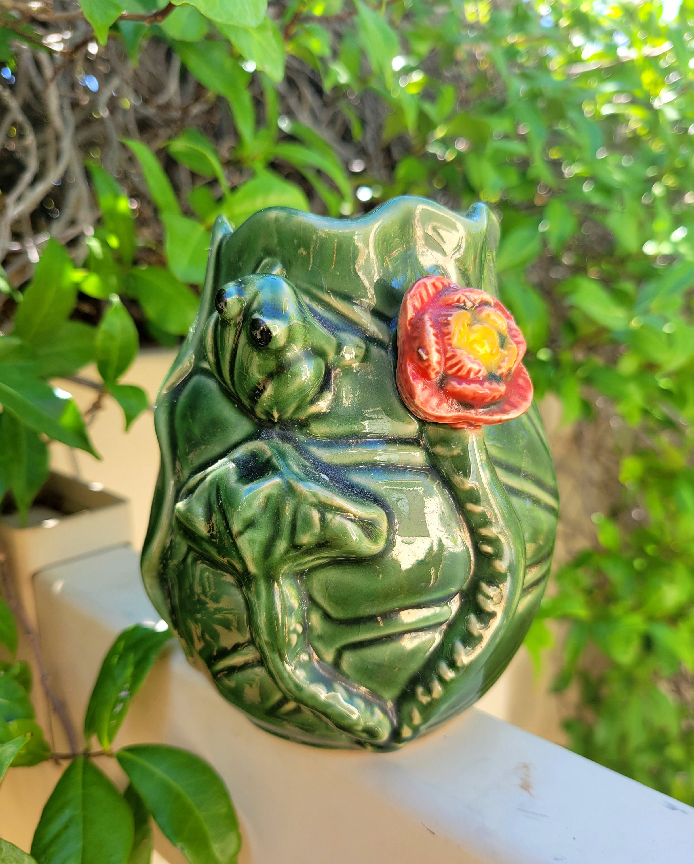 Mid-century Majolica Frog & Flower Bud Vase - Etsy