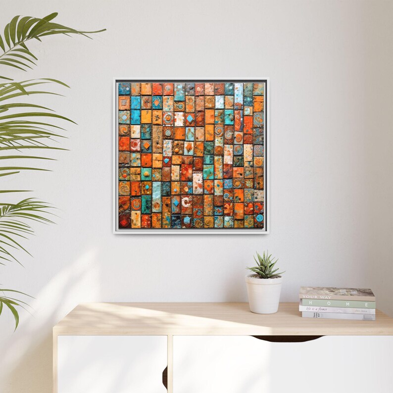 Terracotta Mosaic Relief Canvas - Textured Burnt Orange & Teal ...