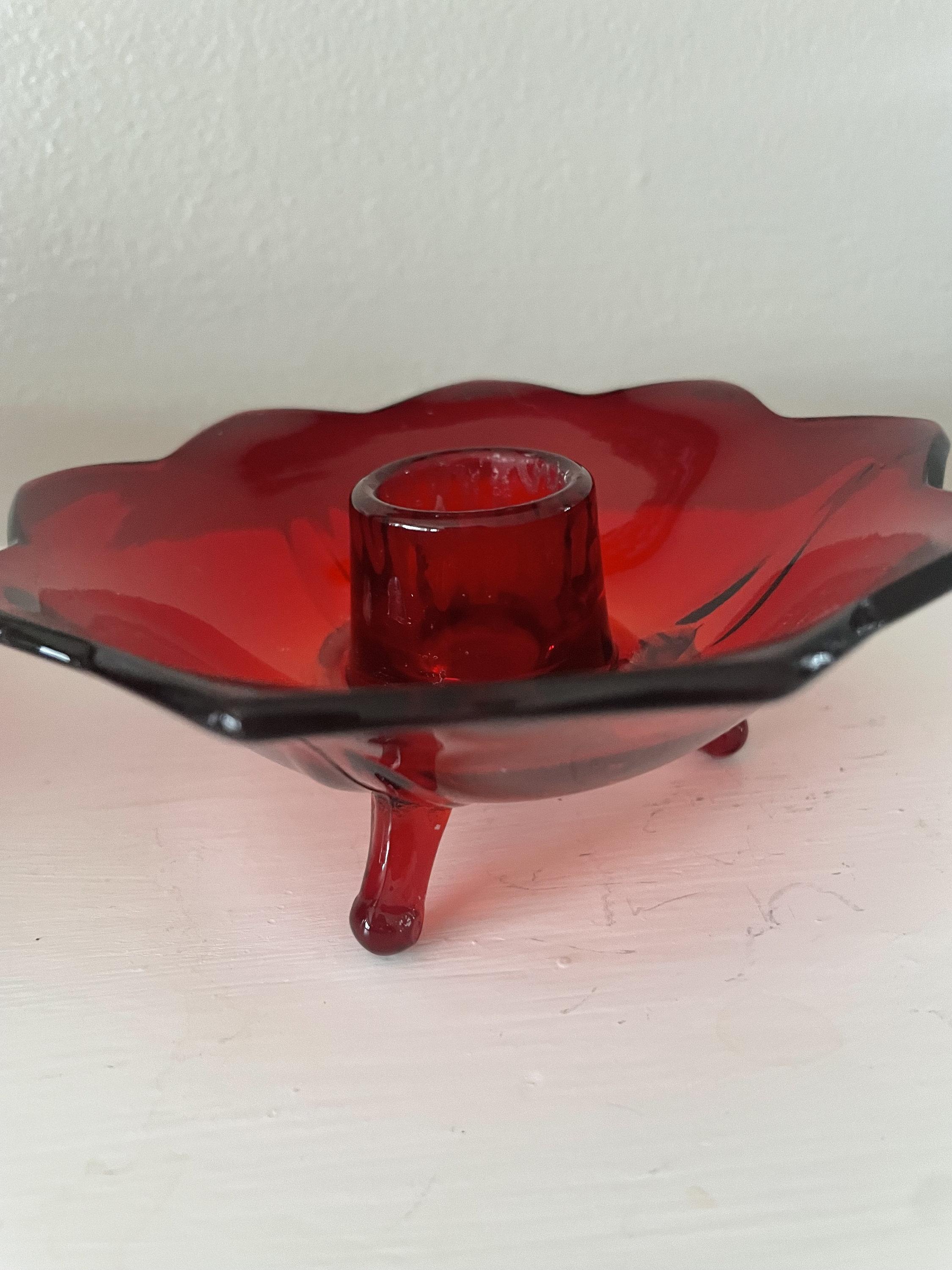 Pair of Vintage Fenton Amberina Glass, 3-footed Lotus Ruby Red Candlestick Holders - Etsy