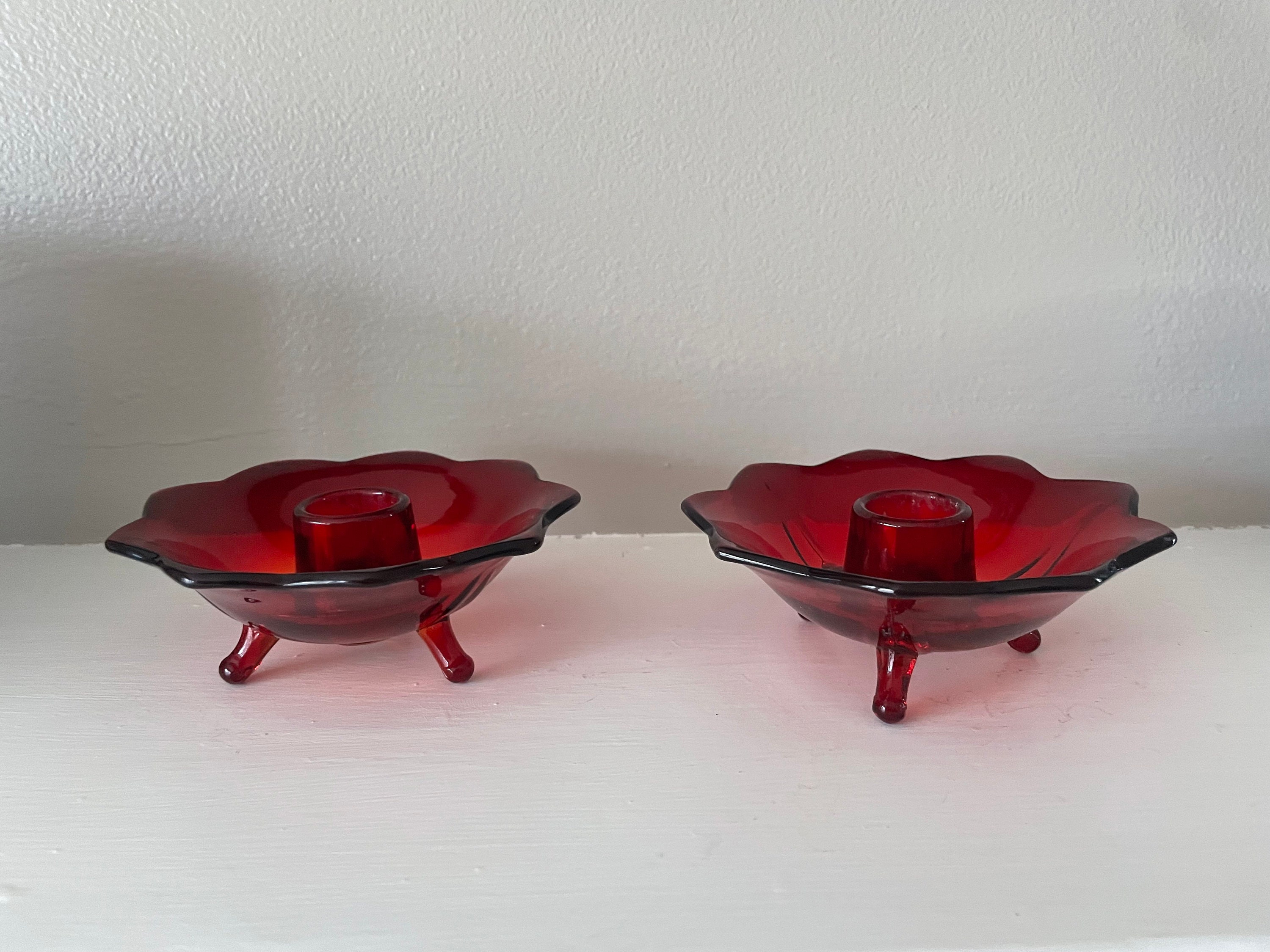 Pair of Vintage Fenton Amberina Glass, 3-footed Lotus Ruby Red Candlestick Holders - Etsy