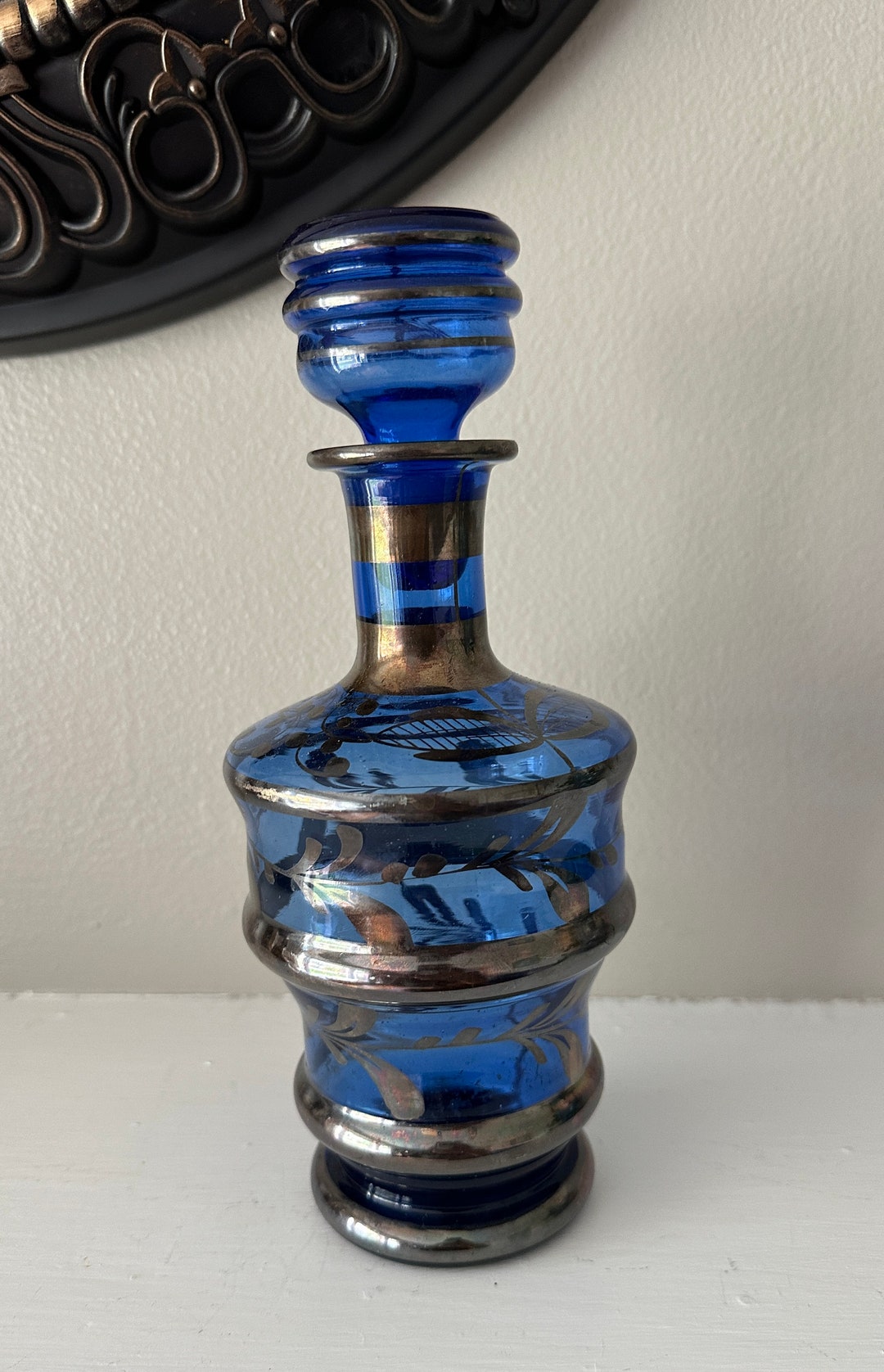Vintage Cobalt Blue Glass Decanter Silver Gilt Design - Etsy