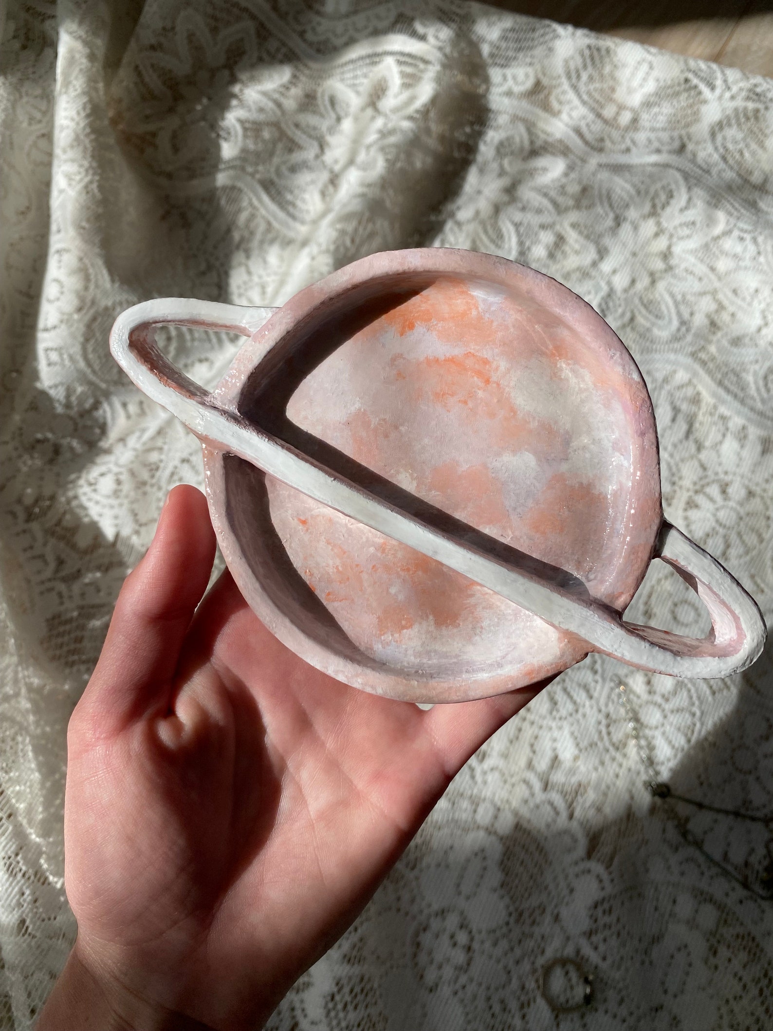 Saturn Shaped Clay Jewelry Dish | Handmade Pink Cloud Candle Holder - Etsy