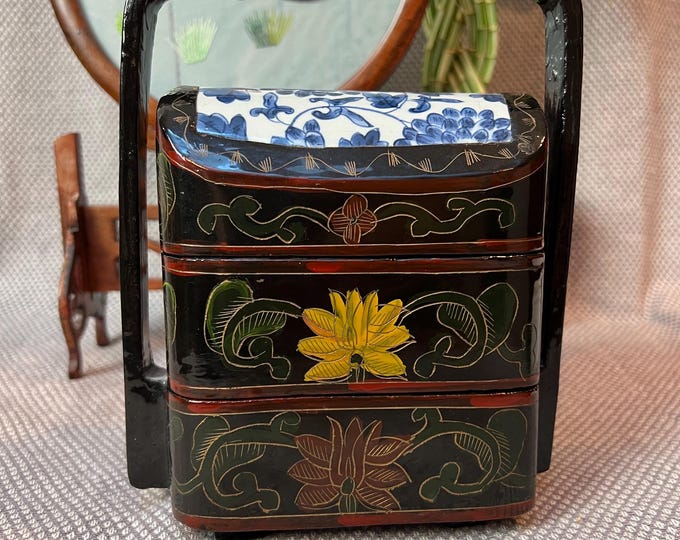 Vintage Chinese Lacquer and Enamel Tiered Lunch Box, Blue and White ...