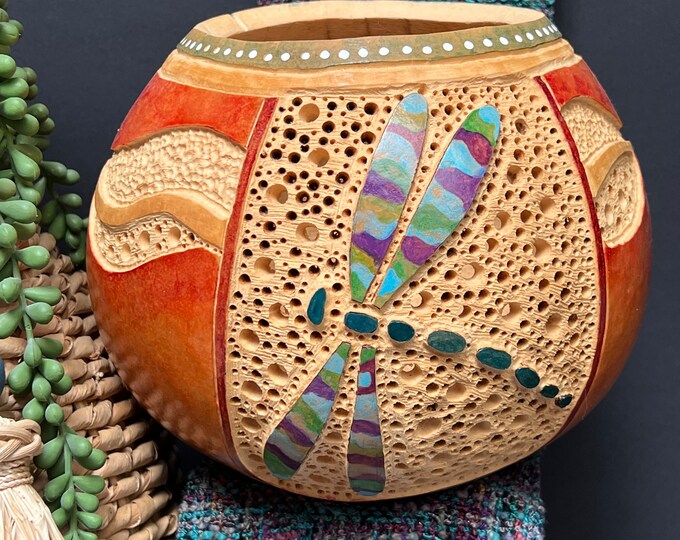 Carved Gourd Art With Dragonfly & Relief Filigree, Hand Painted, Signed ...