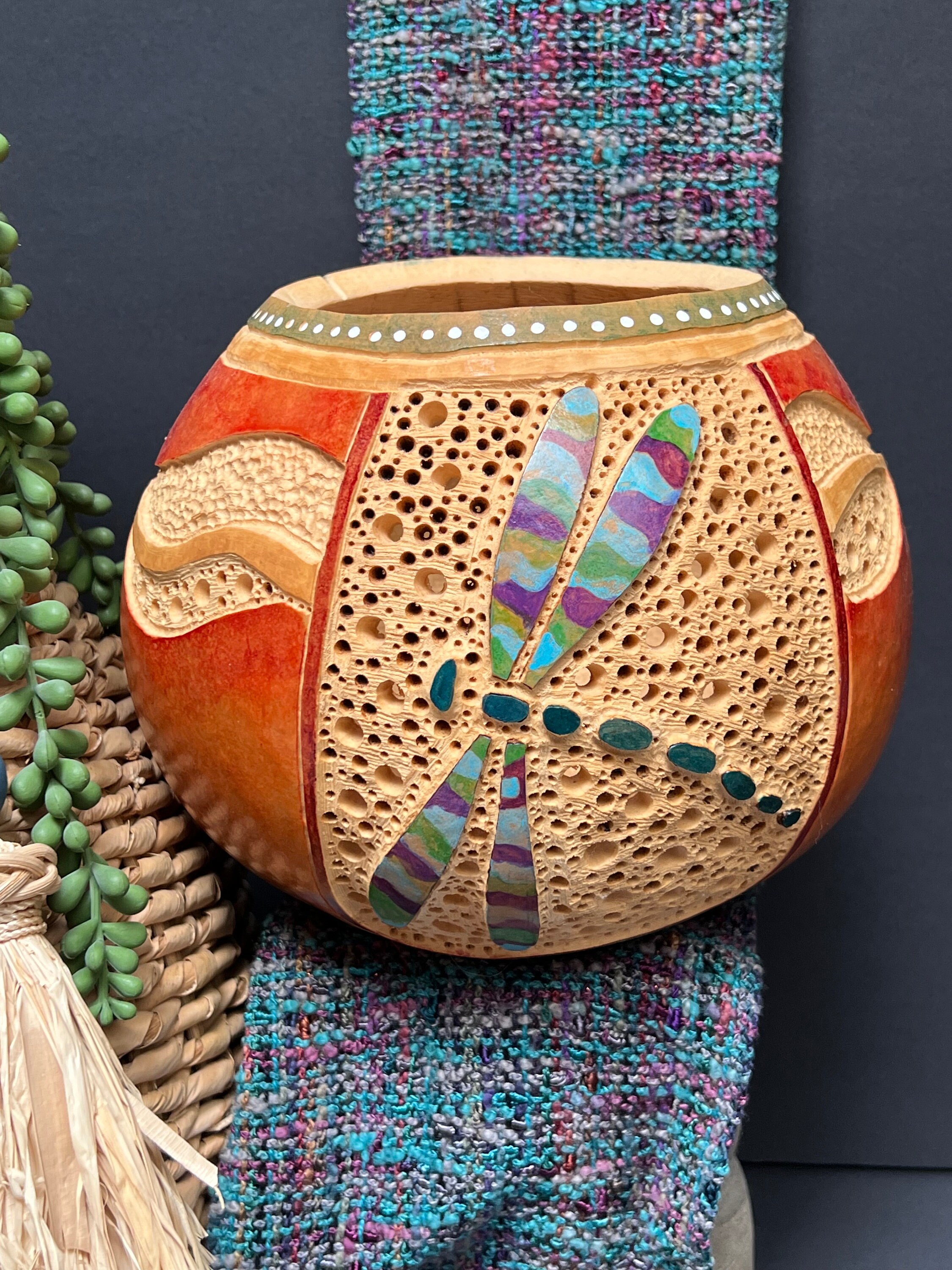 Carved Gourd Art With Dragonfly & Relief Filigree, Hand Painted, Signed ...