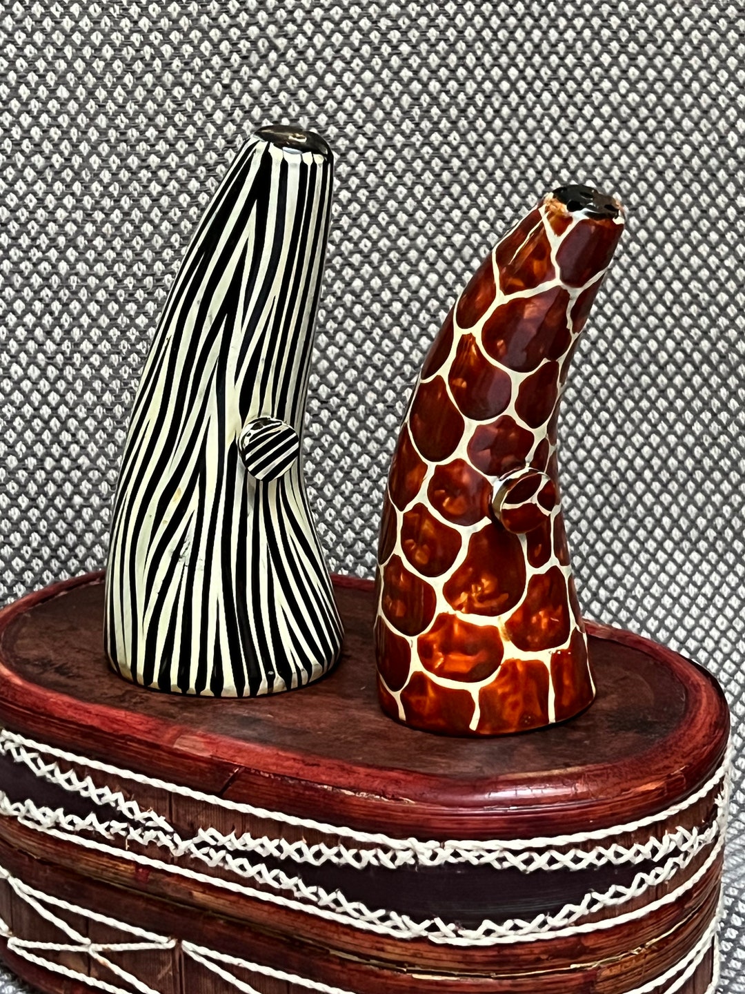 Unique Carved Horn Salt and Pepper Shakers, Hand Painted Salt and ...