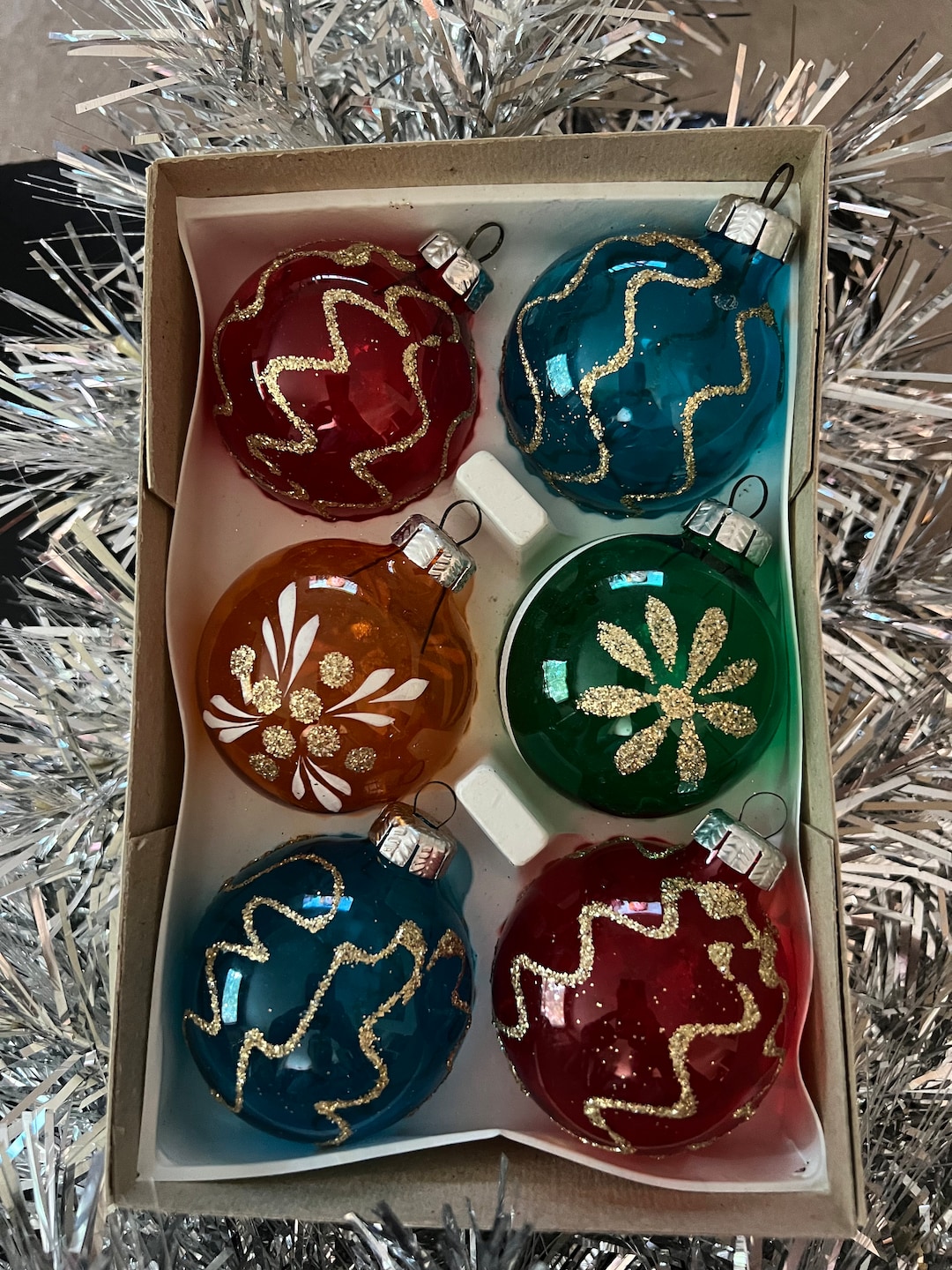 Vintage German Glass Christmas Ornaments (box/6), Made in G.D.R., 1950s ...