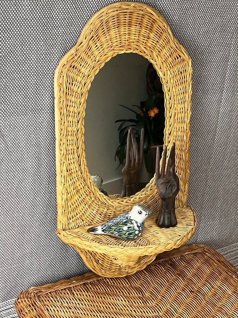 Vintage Wicker Wall Mirror With Shelf, Rattan Mirror With Shelf, Wall ...