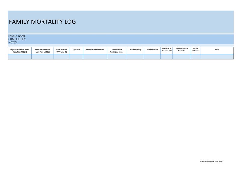 Family Mortality Log for Excel: Genealogy and Family Medical History ...