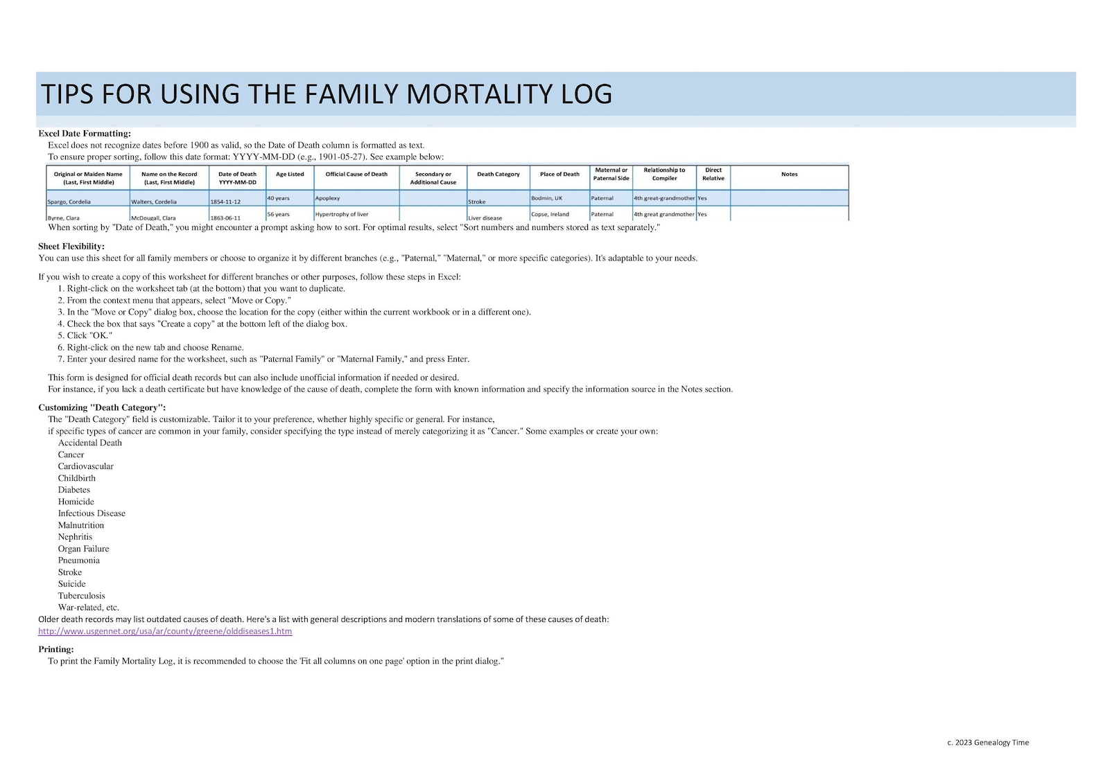 Family Mortality Log for Excel: Genealogy and Family Medical History ...