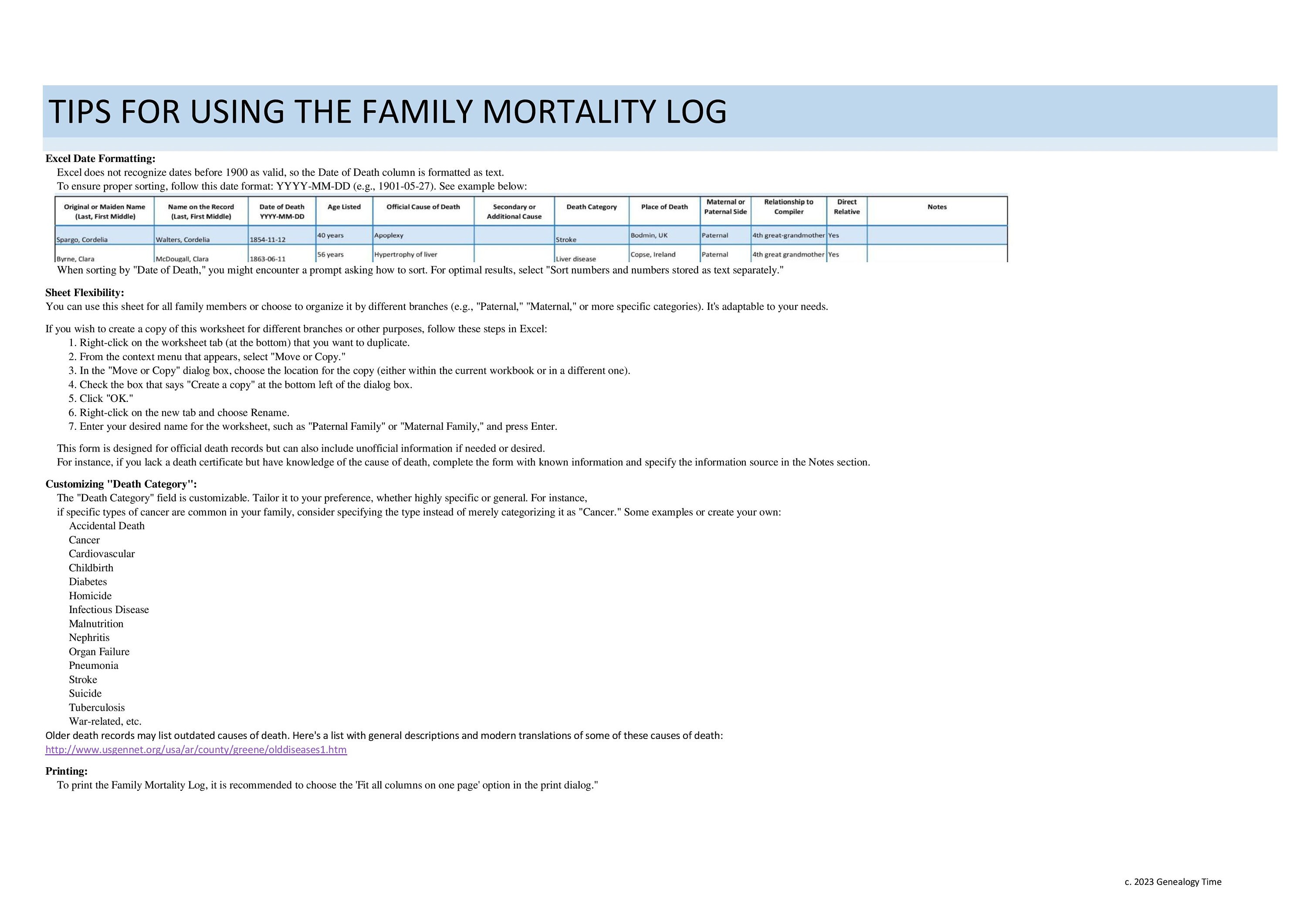 Family Mortality Log for Excel: Genealogy and Family Medical History ...