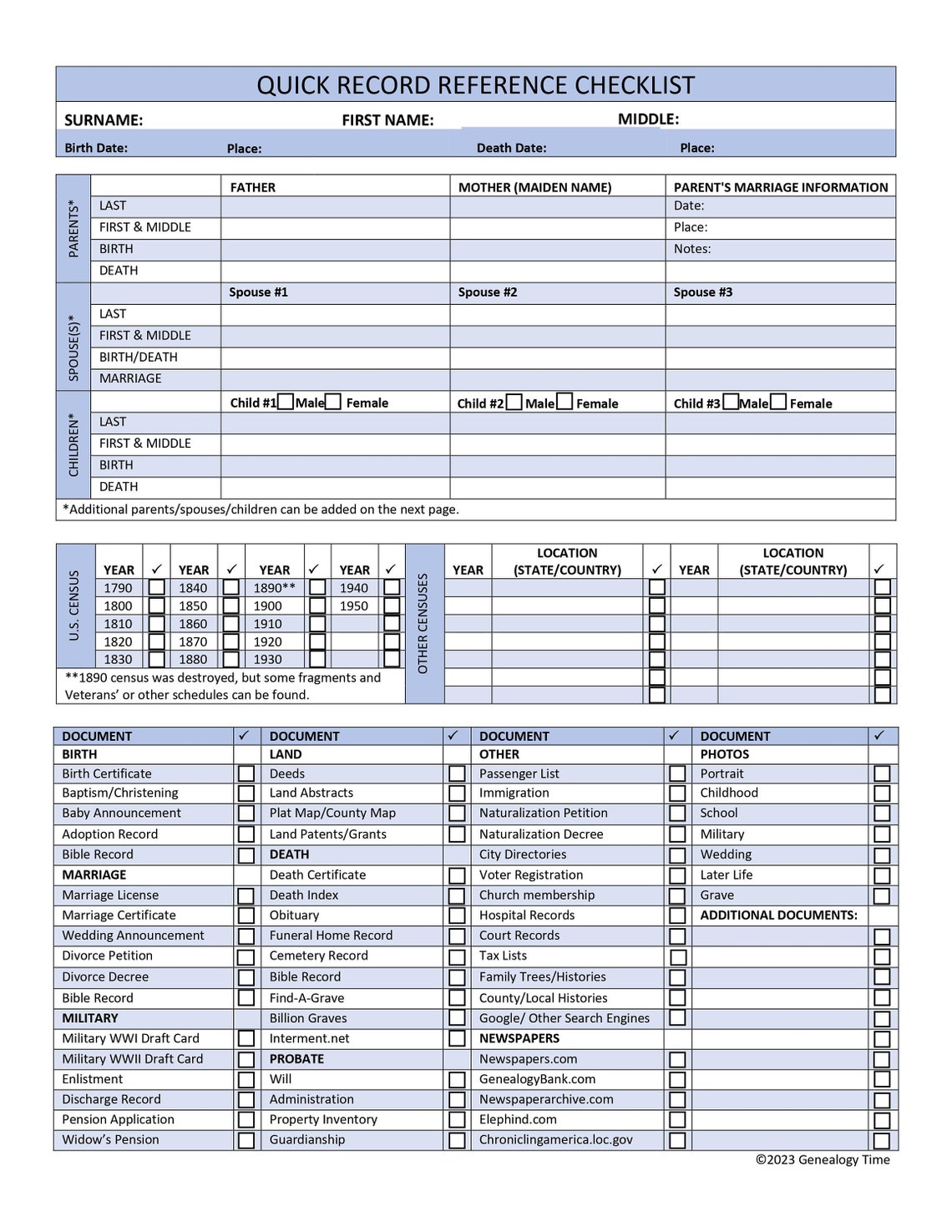 Useful Genealogy Checklist Fillable US Letter-sized Printable to Make ...