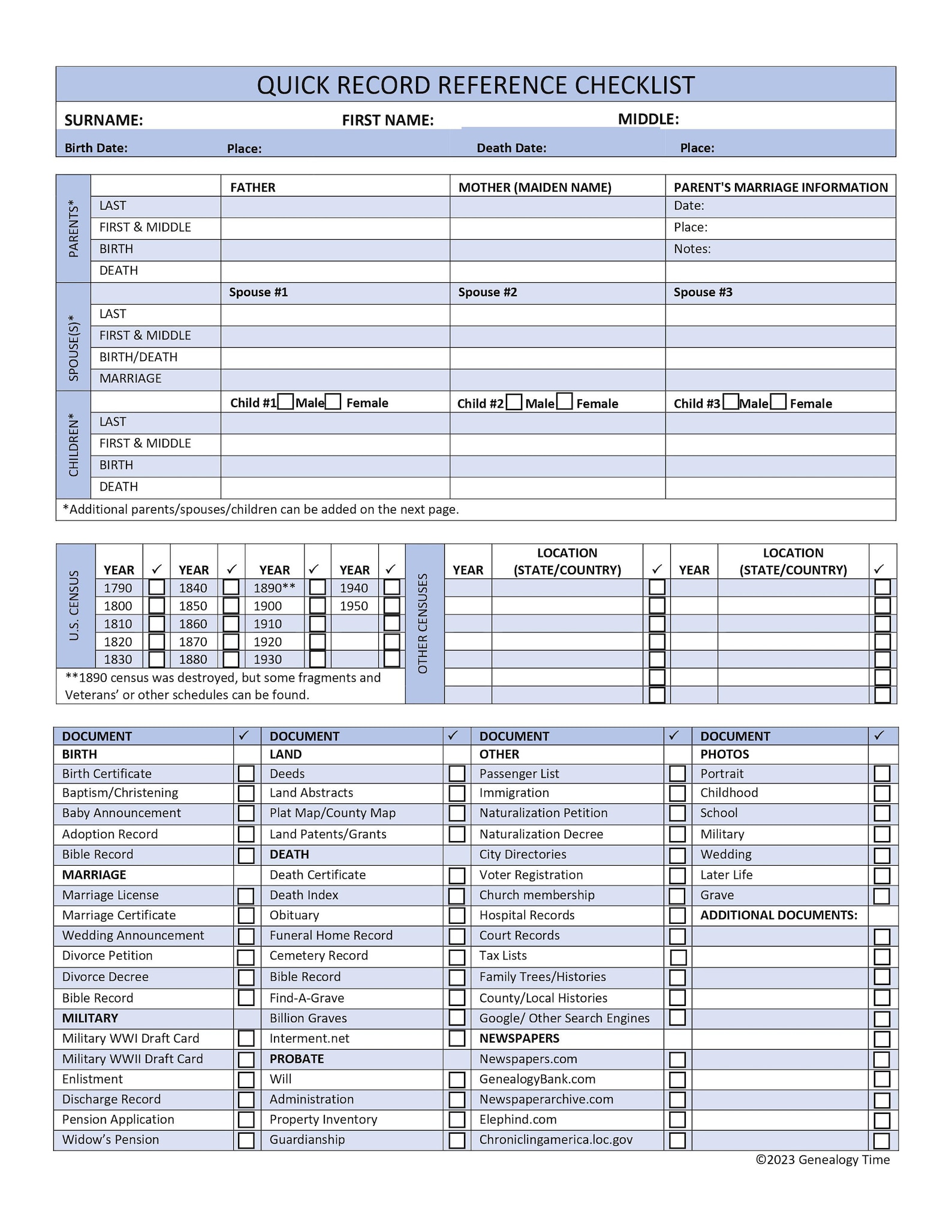 Useful Genealogy Checklist Fillable US Letter-sized Printable to Make ...