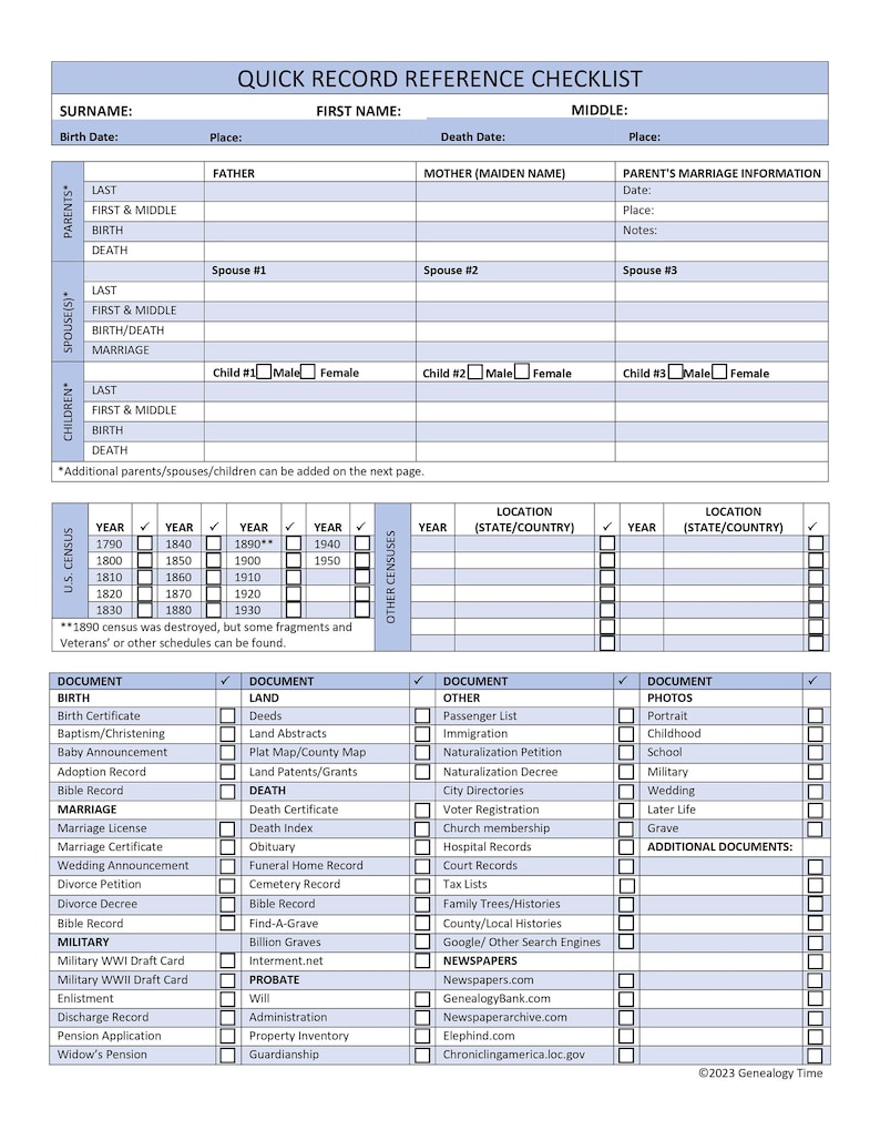 Useful Genealogy Checklist Fillable US Letter-sized Printable to Make ...