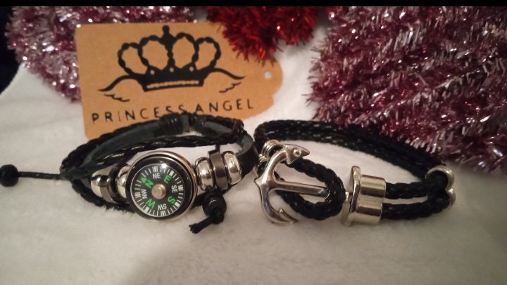 Compass & Anchor Bracelets. PU Leather Braided. Couples Jewelry, Gift ...
