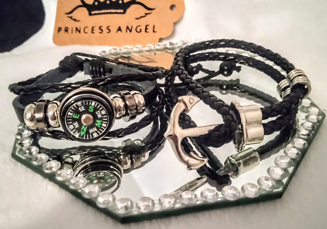Compass & Anchor Bracelets. PU Leather Braided. Couples Jewelry, Gift ...