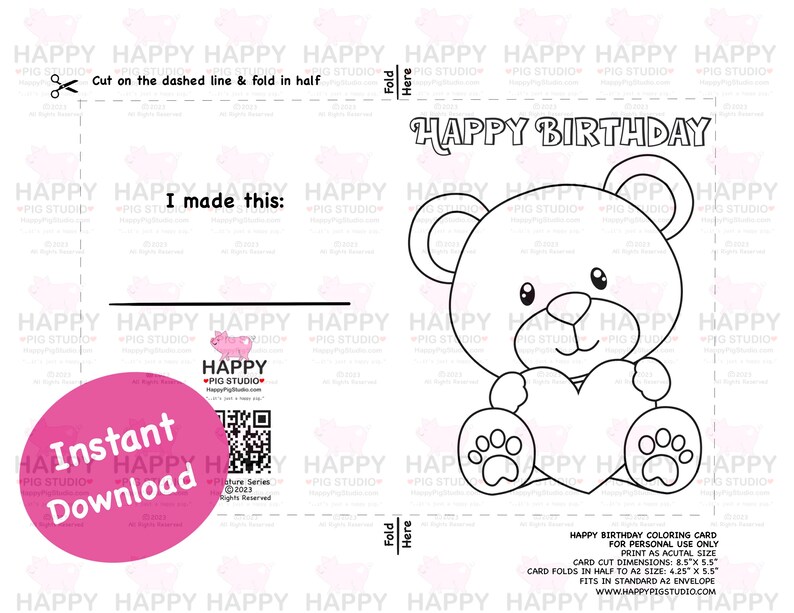 Teddy Bear Printable Happy Birthday Coloring Card, Cute Teddy Bear ...