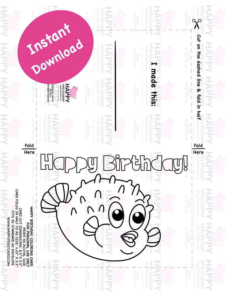 Puffer Fish Printable Happy Birthday Coloring Card Birthday - Etsy
