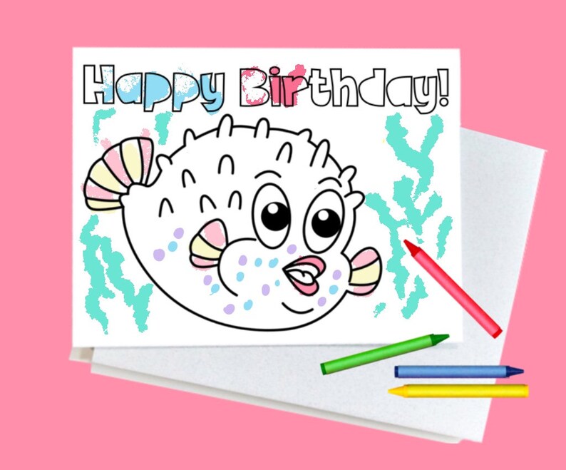Puffer Fish Printable Happy Birthday Coloring Card Birthday - Etsy