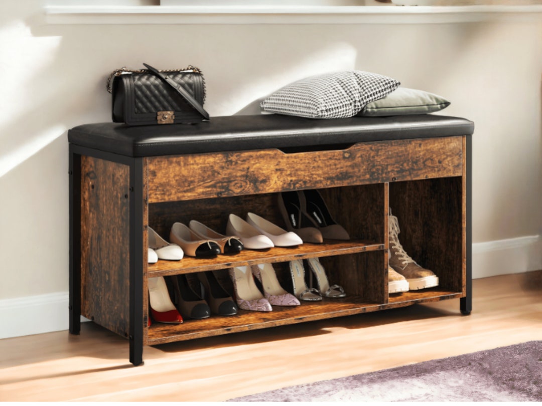 Shoe Storage Bench, Wood Shoe Rack Bench, Shoe Organizer With Cushion ...