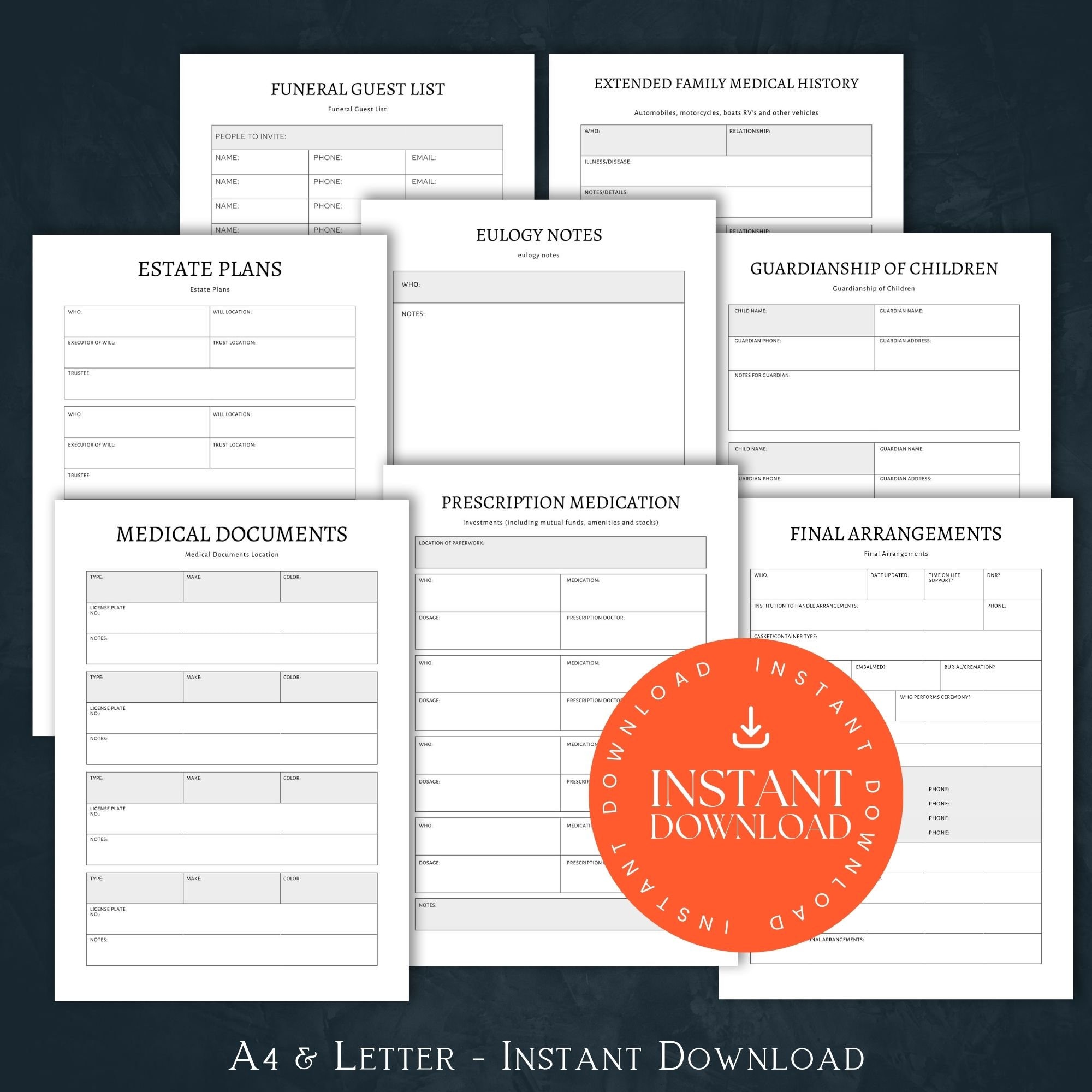 End of Life Planner, INSTANT DOWNLOAD, Important Documents Organizer ...