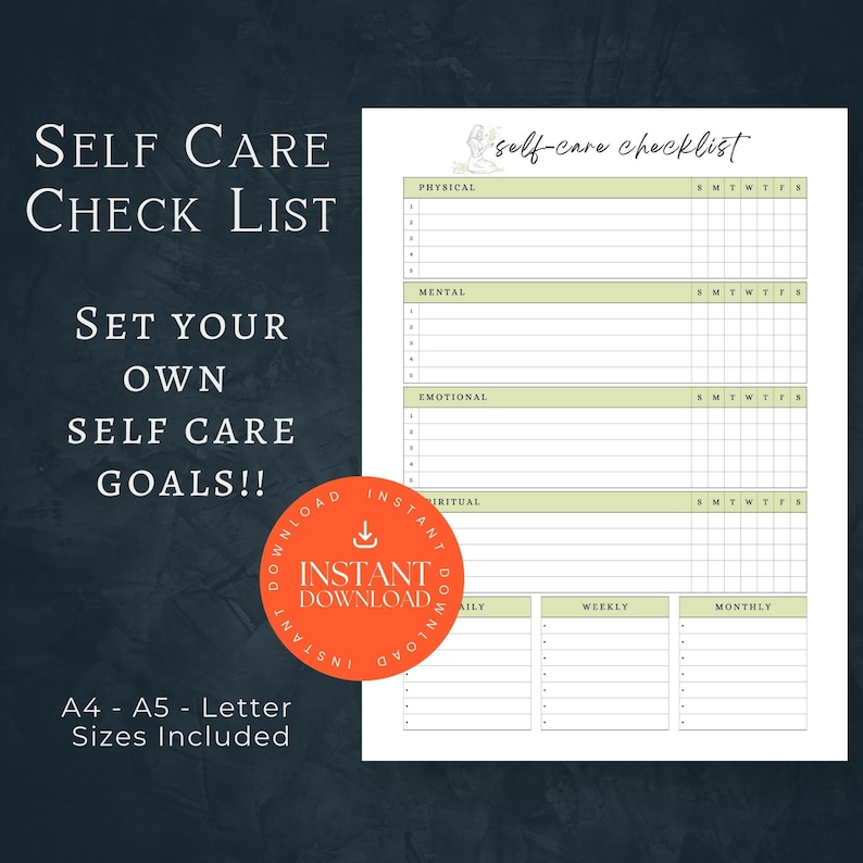 Self Care Check List, INSTANT DOWNLOAD, Printable Self Care ...