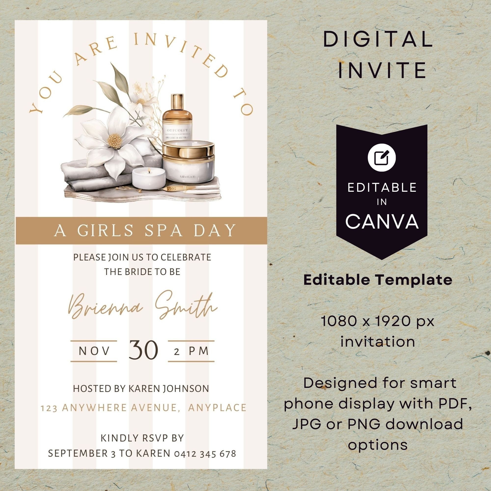 Bachelorette Spa Day Digital Invitation Template, CANVA Editable Evite ...