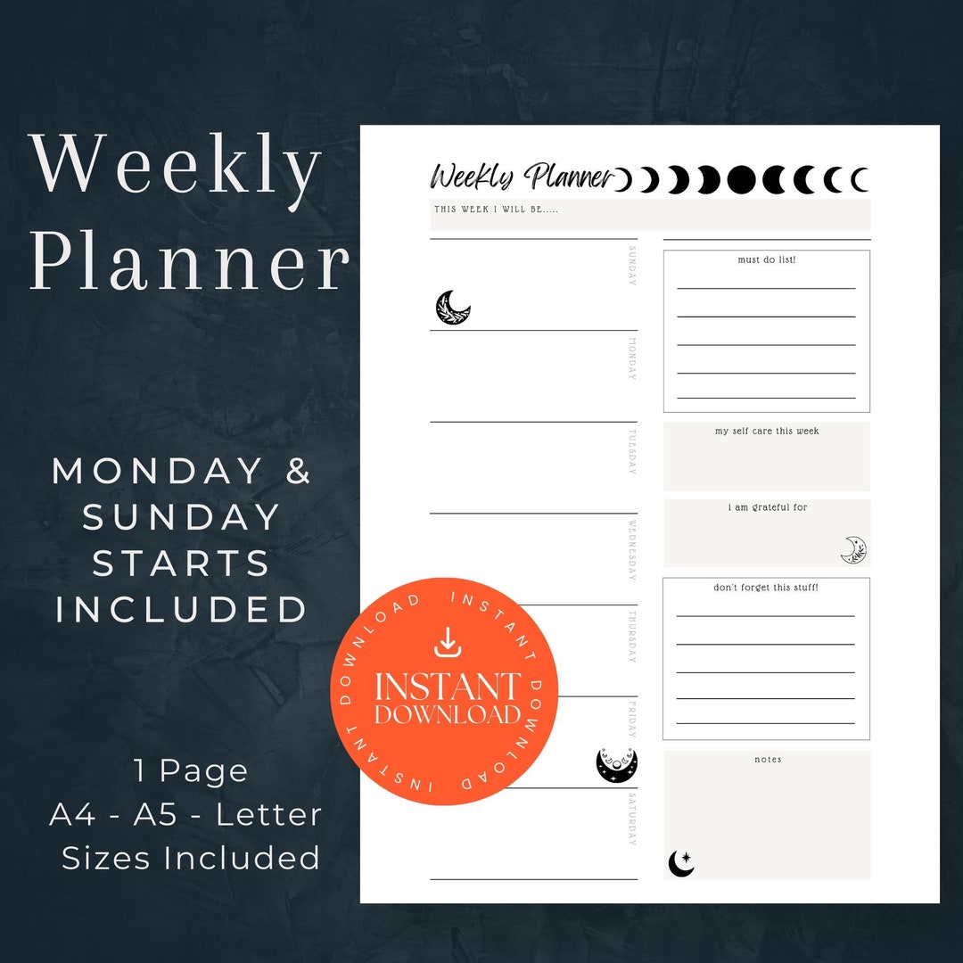 Moon Weekly Planner INSTANT DOWNLOAD Weekly Schedule to Do - Etsy