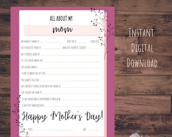 All About My Mom Survey Printable, Mothers Day Questionnaire, Mothers ...
