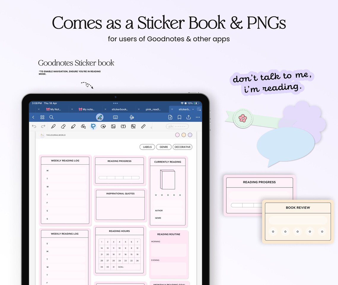 Book Lover Digital Stickers for Reading Journal, Goodnotes Stickers ...