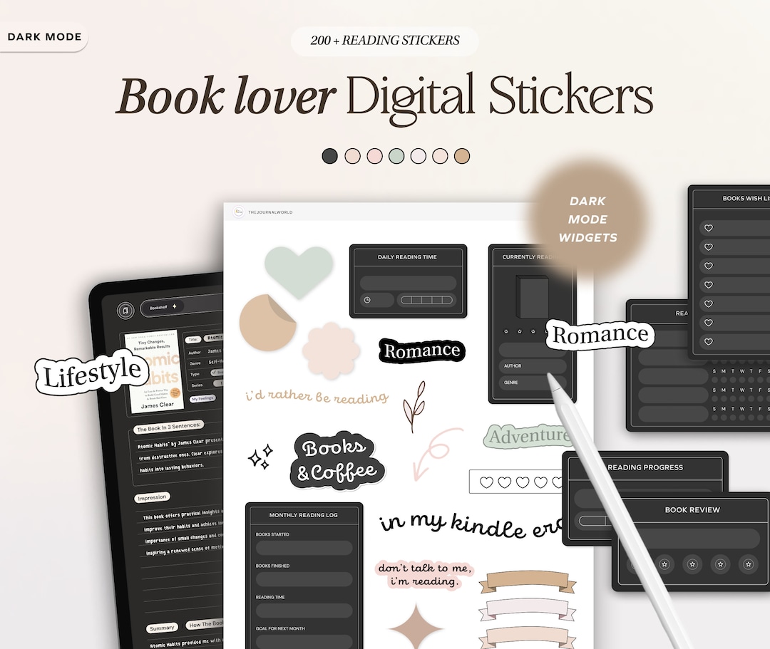 Book Lover Digital Stickers for Reading Journal, Dark Mode Goodnotes ...
