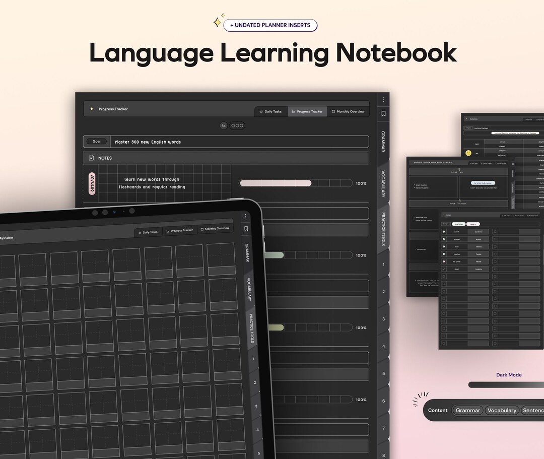 Dark Mode Language Learning Notebook/planner Learn Grammar Vocabulary ...