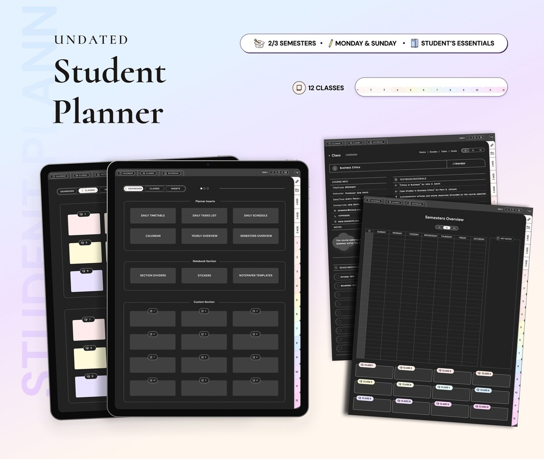 Student Undated Planner for Goodnotes Dark Mode Notetaking Apps ...