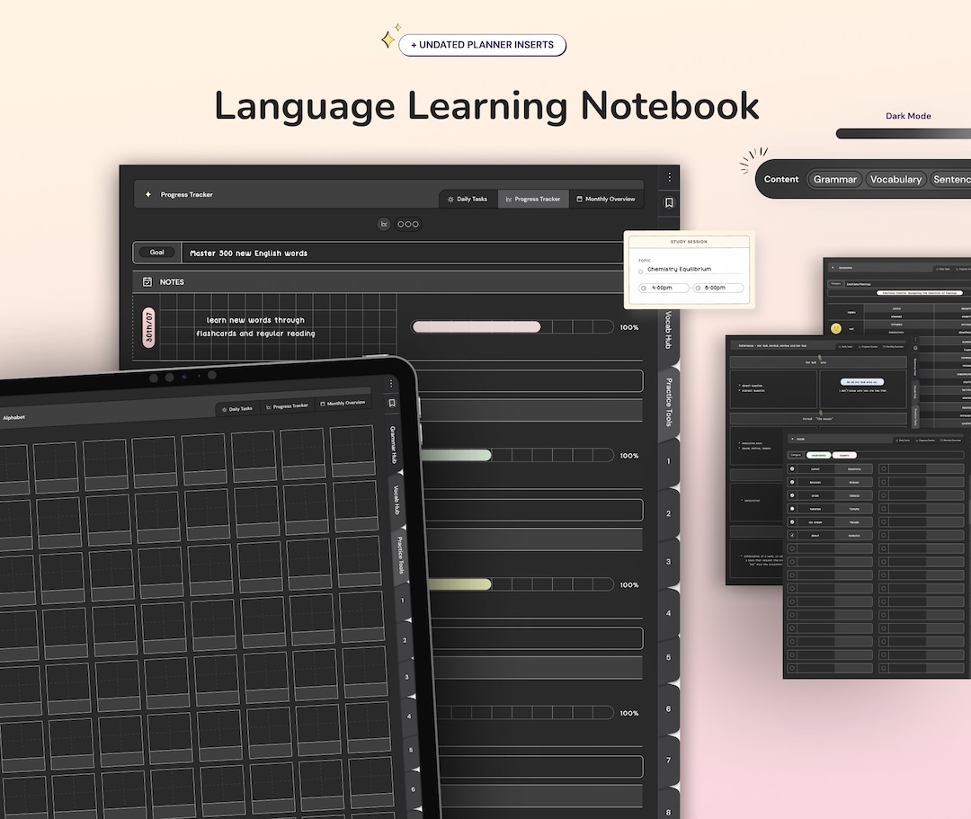 Dark Mode Language Learning Notebook/planner Learn Grammar Vocabulary ...