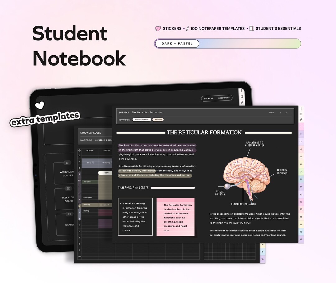 Student Digital Notebook, Dark Mode Note Paper Hyperlinked Notetaking ...