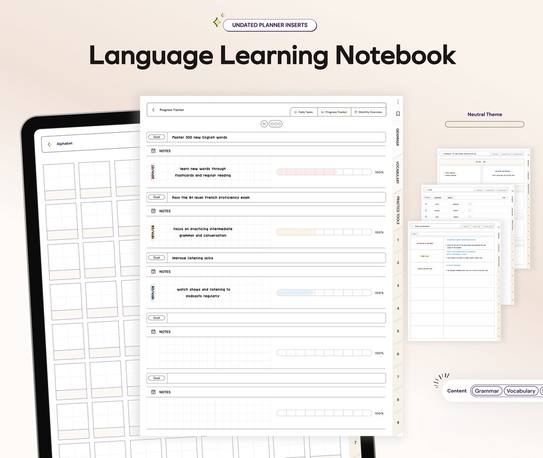 Language Learning Notebook/planner Learn Grammar Vocabulary Digital ...