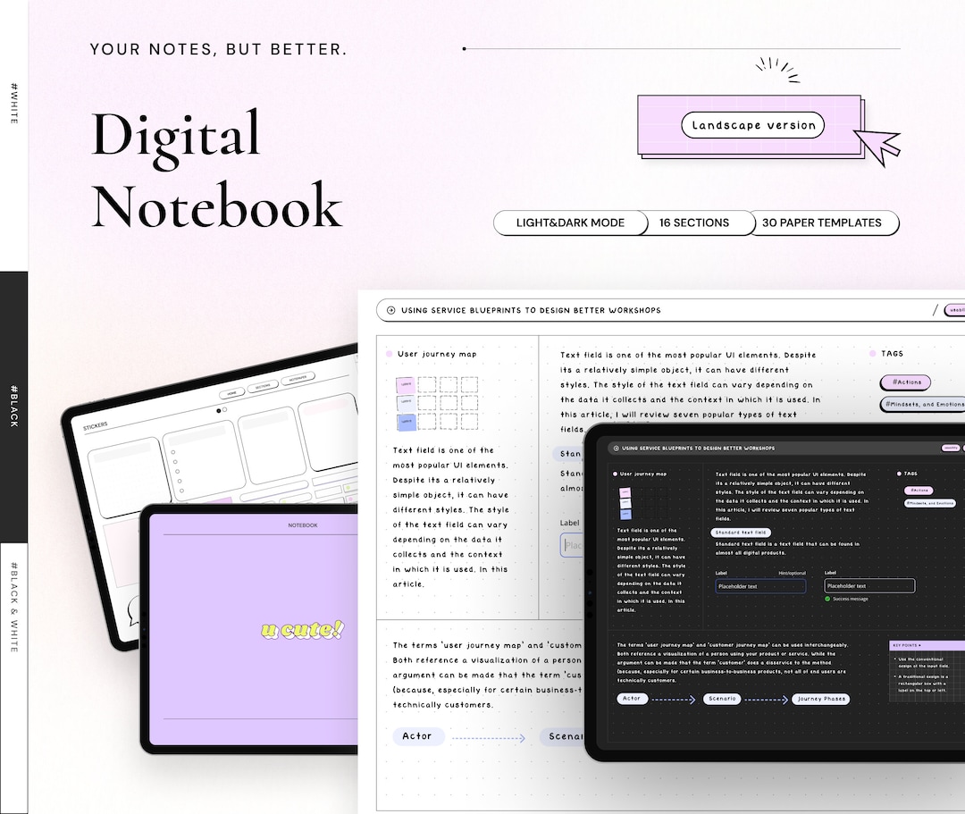 Digital Notebook Hyperlinked 16 Tab Landscape Dark Mode Free Stickers ...