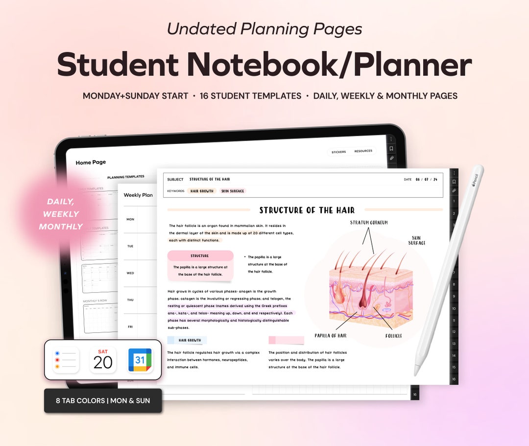 Student Undated Planner and Notebook, Daily Weekly Monthly Planner for ...