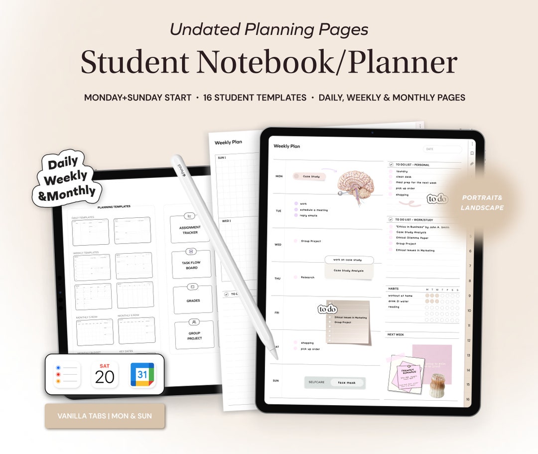 Student Undated Planner and Notebook, Portrait & Landscape Templates ...