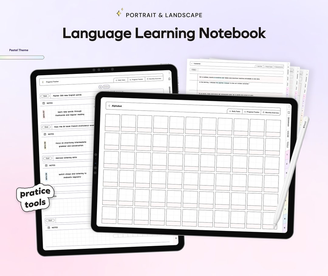 Language Learning Notebook/planner Learn Grammar Vocabulary Digital ...