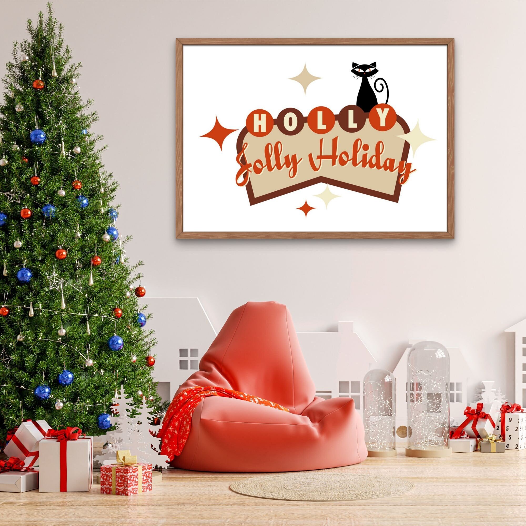 Holly Jolly Holiday Retro Cat Digital Wall Art, Seasonal/holiday ...